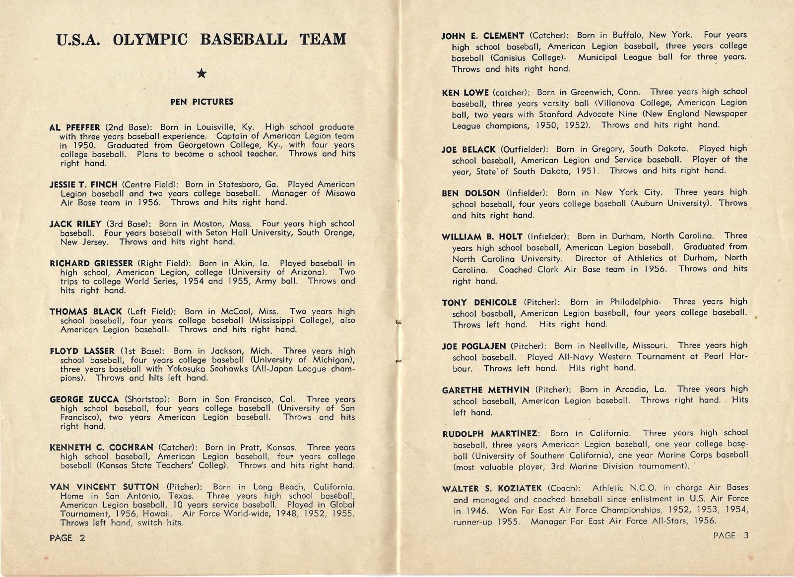 1956 Baseball Program - USA Olympic team versus Western Australia ...